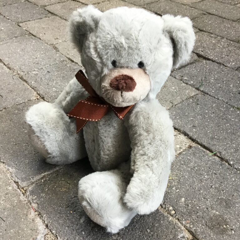 Dekorativ grå teddy bamse - Skøn blød bamse Dekolagersalg